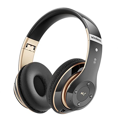 Bluetooth Headphones Over Ear, 6S Foldable Wireless Headphones with 6 EQ Modes, 40 Hours Playtime HiFi Stereo Headset with Mic, Soft Ear Pads, TF/FM for Cellphone/PC/Home (Black & Gold)