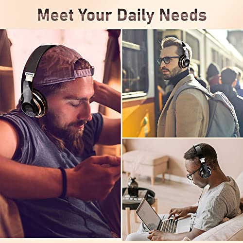 Bluetooth Headphones Over Ear, 6S Foldable Wireless Headphones with 6 EQ Modes, 40 Hours Playtime HiFi Stereo Headset with Mic, Soft Ear Pads, TF/FM for Cellphone/PC/Home (Black & Gold)