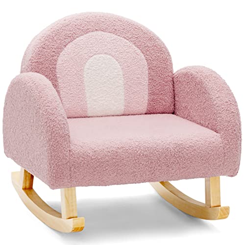 INFANS Kids Sofa, Toddler Rocking Chair with Solid Wooden Frame, Anti-Tipping Design, Plush Fabric, Children Armchair for Nursery Kindergarten Playroom Preschool, Gift for Boys Girls (Pink)