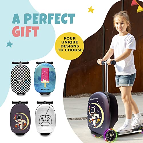 LaScoota Scooter Suitcase, Foldable Scooter Luggage For Kids - Lightweight Kids Ride on Luggage Scooter with Wheels, LED Lights - Ice Cream Graphic Suitcase Scooter, Ride On Suitcase for Kids Ages 4-8