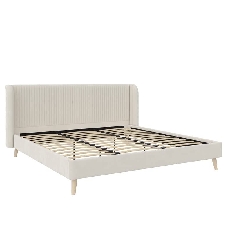 Novogratz Holly Upholstered Wingback Bed Frame, King, Ivory Velvet