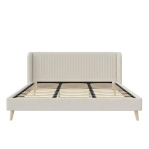 Novogratz Holly Upholstered Wingback Bed Frame, King, Ivory Velvet