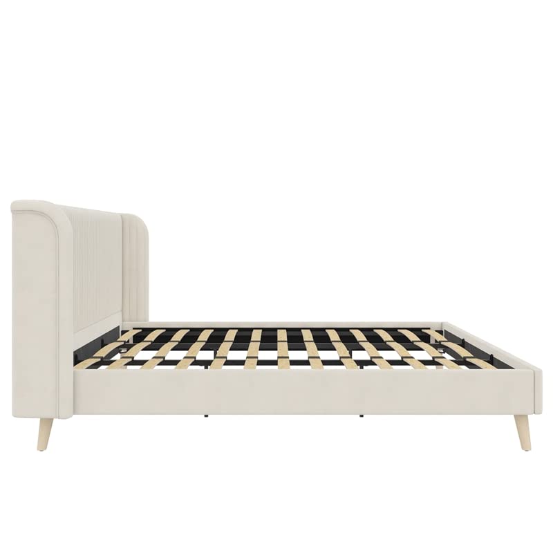 Novogratz Holly Upholstered Wingback Bed Frame, King, Ivory Velvet