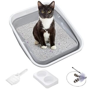 KAQUMAO Senior Cat Litter Box Set, Include Low Entry Senior Cat Litter Box, Low Profile Double Food Bowl, Senior Cat Wand Toy, Cat Litter Scoop (Milky White)