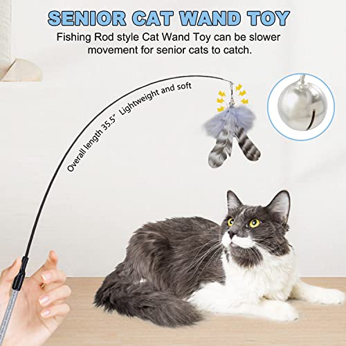 KAQUMAO Senior Cat Litter Box Set, Include Low Entry Senior Cat Litter Box, Low Profile Double Food Bowl, Senior Cat Wand Toy, Cat Litter Scoop (Milky White)