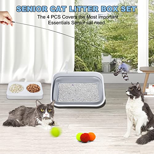 KAQUMAO Senior Cat Litter Box Set, Include Low Entry Senior Cat Litter Box, Low Profile Double Food Bowl, Senior Cat Wand Toy, Cat Litter Scoop (Milky White)