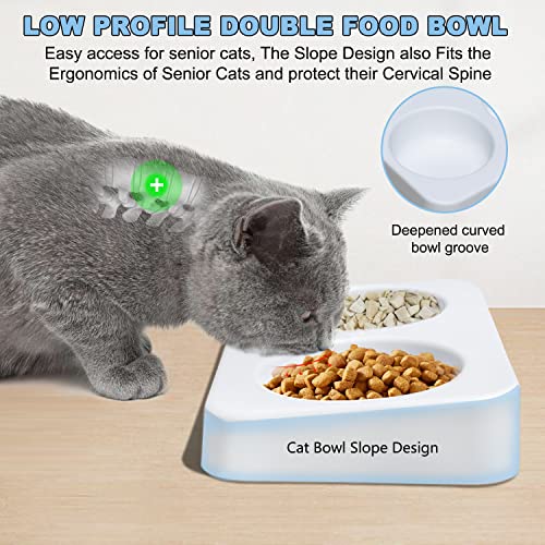 KAQUMAO Senior Cat Litter Box Set, Include Low Entry Senior Cat Litter Box, Low Profile Double Food Bowl, Senior Cat Wand Toy, Cat Litter Scoop (Milky White)