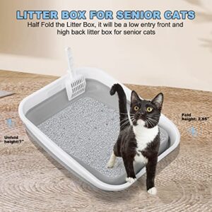 KAQUMAO Senior Cat Litter Box Set, Include Low Entry Senior Cat Litter Box, Low Profile Double Food Bowl, Senior Cat Wand Toy, Cat Litter Scoop (Milky White)