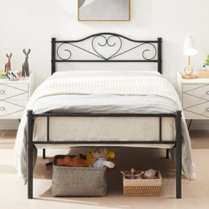 vecelo metal platform bed frame with headboard & footboard, steel slats mattress foundation, no box spring needed, twin, matte black