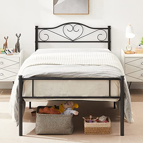 VECELO Metal Platform Bed Frame with Headboard & Footboard, Steel Slats Mattress Foundation, No Box Spring Needed, Twin, Matte Black