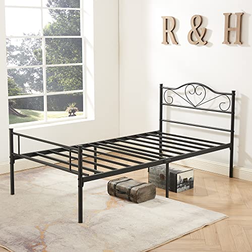 VECELO Metal Platform Bed Frame with Headboard & Footboard, Steel Slats Mattress Foundation, No Box Spring Needed, Twin, Matte Black