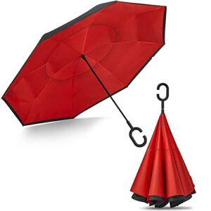 g4free 62 inch large reverse umbrella with c-shaped handle, windproof upside down inverted close rain umbrella for women and men (black/red)