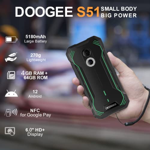 DOOGEE Rugged Smartphone 2023, S51 NFC Android 12 Rugged Phones, 4GB+64GB SD 512GB, 5180mAh Battery, Dual SIM 4G, 6.0" IPS HD Rugged Phones Unlocked, IP68 Waterproof, GPS Outdoor Rugged Android Phone