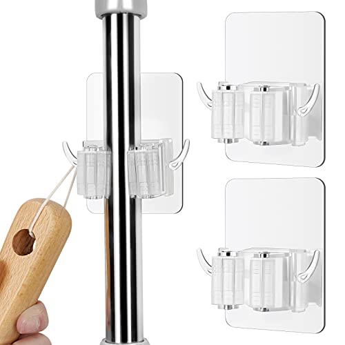 Broom Holder Wall Mount - 2 Pack Adhesive Mop and Broom Holder Wall Mount with Hooks Design, Broom Organizer Wall Mount, Broom Hanger and Mop Organizer Wall Hanging for Home, Kitchen, and Garage