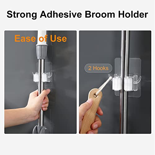 Broom Holder Wall Mount - 2 Pack Adhesive Mop and Broom Holder Wall Mount with Hooks Design, Broom Organizer Wall Mount, Broom Hanger and Mop Organizer Wall Hanging for Home, Kitchen, and Garage