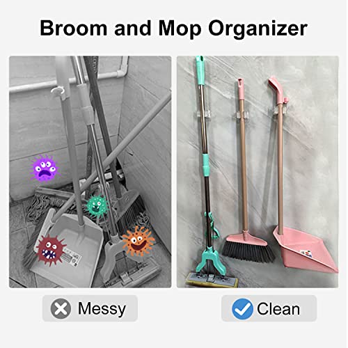 Broom Holder Wall Mount - 2 Pack Adhesive Mop and Broom Holder Wall Mount with Hooks Design, Broom Organizer Wall Mount, Broom Hanger and Mop Organizer Wall Hanging for Home, Kitchen, and Garage