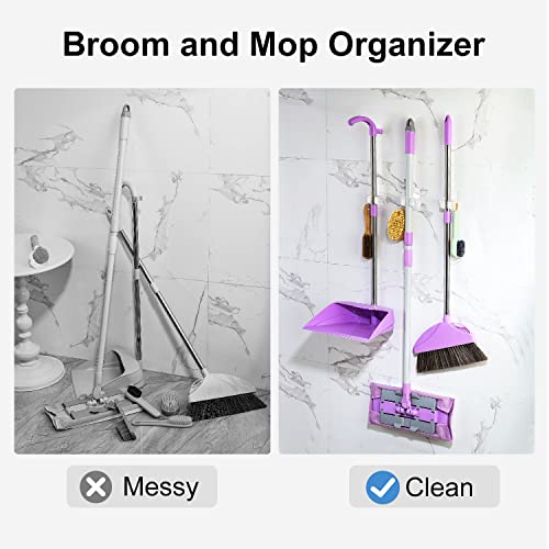 Broom Holder Wall Mount - 2 Pack Adhesive Mop and Broom Holder Wall Mount with Hooks Design, Broom Organizer Wall Mount, Broom Hanger and Mop Organizer Wall Hanging for Home, Kitchen, and Garage