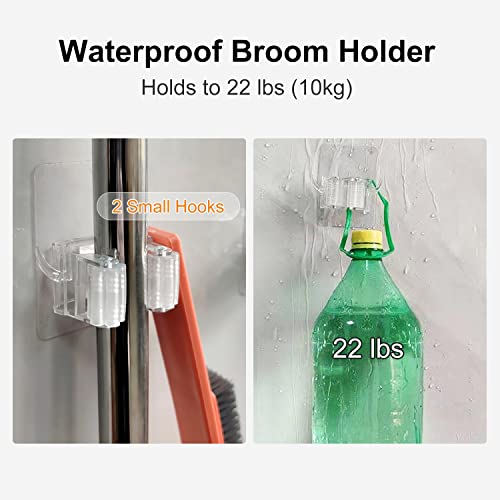 Broom Holder Wall Mount - 2 Pack Adhesive Mop and Broom Holder Wall Mount with Hooks Design, Broom Organizer Wall Mount, Broom Hanger and Mop Organizer Wall Hanging for Home, Kitchen, and Garage