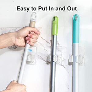 Broom Holder Wall Mount - 2 Pack Adhesive Mop and Broom Holder Wall Mount with Hooks Design, Broom Organizer Wall Mount, Broom Hanger and Mop Organizer Wall Hanging for Home, Kitchen, and Garage