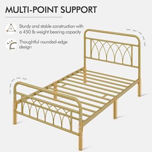 Yaheetech Twin Bed Frame Metal Platform Bed with Petal Accented Headboard/Footboard/14.4 Inch Under Bed Storage/No Box Spring Needed,Antique Gold