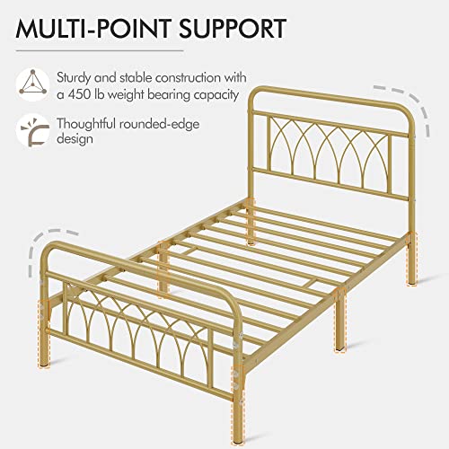 Yaheetech Twin Bed Frame Metal Platform Bed with Petal Accented Headboard/Footboard/14.4 Inch Under Bed Storage/No Box Spring Needed,Antique Gold