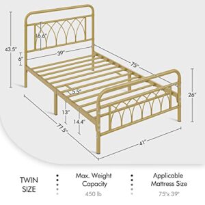 Yaheetech Twin Bed Frame Metal Platform Bed with Petal Accented Headboard/Footboard/14.4 Inch Under Bed Storage/No Box Spring Needed,Antique Gold