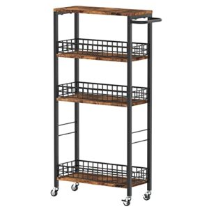 slim storage cart rolling kitchen cart with wheels narrow laundry storage utility cart 4 tier bathroom mobile shelving unit organizer with wood tabletop trolly cart with handle for small spaces, brown