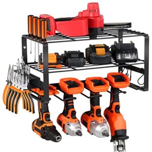 power tool organizer, wall mount electric drill holder, heavy duty metal tool shelf, garage workshop tool organization, utility storage rack for cordless drill & screwdriver - 3 lays