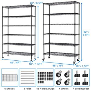 XXkseh Wire Shelving Unit with Wheels, 6 Tier Adjustable Metal Shelving Heavy Duty Storage Shelves 2100 Lbs Capacity 48" L X 18" W X 82" H Metal Shelf for Pantry Kitchen Basement, Black