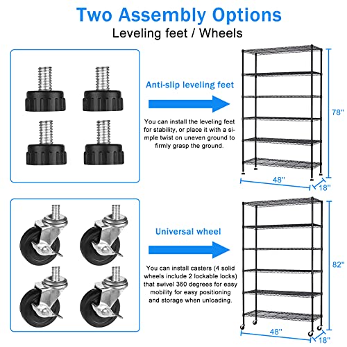 XXkseh Wire Shelving Unit with Wheels, 6 Tier Adjustable Metal Shelving Heavy Duty Storage Shelves 2100 Lbs Capacity 48" L X 18" W X 82" H Metal Shelf for Pantry Kitchen Basement, Black