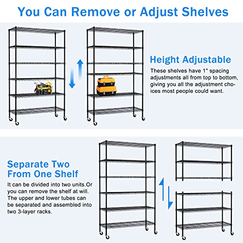 XXkseh Wire Shelving Unit with Wheels, 6 Tier Adjustable Metal Shelving Heavy Duty Storage Shelves 2100 Lbs Capacity 48" L X 18" W X 82" H Metal Shelf for Pantry Kitchen Basement, Black