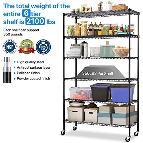 XXkseh Wire Shelving Unit with Wheels, 6 Tier Adjustable Metal Shelving Heavy Duty Storage Shelves 2100 Lbs Capacity 48" L X 18" W X 82" H Metal Shelf for Pantry Kitchen Basement, Black