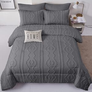 luxudecor dark grey boho comforter set queen size 7 piece bed in a bag, tufted shabby chic comforter, elegant embroidery bedding set for all season (dark grey, 90''x90'')