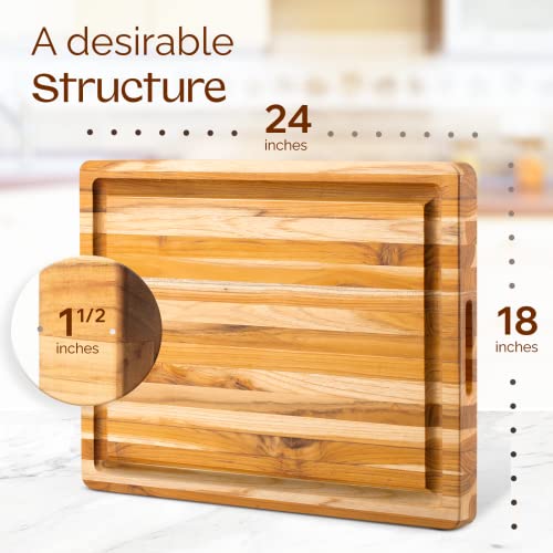 Yes4All Durable Teak Cutting Board for Kitchen, [24''L x 18''W x 1.5” Thick],Extra Large Edge Grain Wood Cutting Boards with Juice Groove, Hand Grips, Reversible