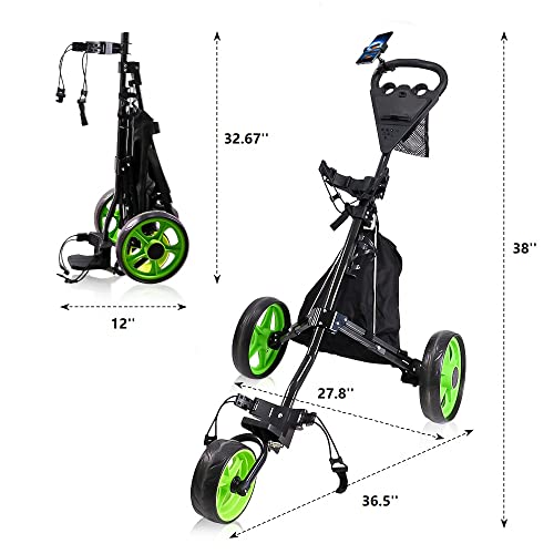 HOW TRUE Golf Push cart, Foldable Golf Cart,Golf Bag cart with Foot Brake & Phone Holder & Cooler Bag