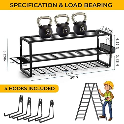 Power Tool Organizer Wall Mount System - 7 Slot Carbon Steel Rack Holds Up to 170 Pounds - Accessory Shelves and 4 Hooks Included - Heavy Duty Utility Racks, Black