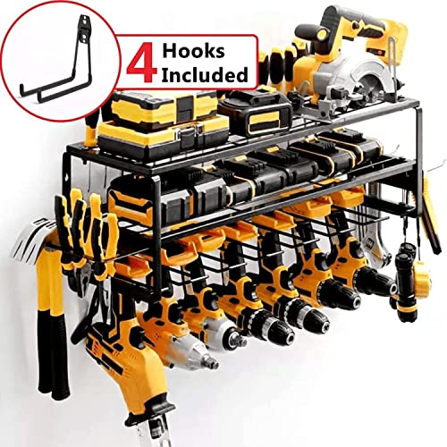 Power Tool Organizer Wall Mount System - 7 Slot Carbon Steel Rack Holds Up to 170 Pounds - Accessory Shelves and 4 Hooks Included - Heavy Duty Utility Racks, Black