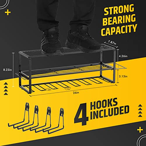 Power Tool Organizer Wall Mount System - 7 Slot Carbon Steel Rack Holds Up to 170 Pounds - Accessory Shelves and 4 Hooks Included - Heavy Duty Utility Racks, Black