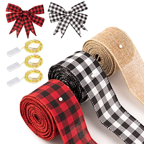 3 Rolls Christmas Wired Ribbons Black Red Plaid Ribbon, Black White Buffalo Plaid Ribbon and Burlap Ribbon for DIY Gift Wrapping, Holiday Decorations(2 Inch, with LED)