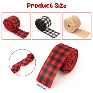 3 Rolls Christmas Wired Ribbons Black Red Plaid Ribbon, Black White Buffalo Plaid Ribbon and Burlap Ribbon for DIY Gift Wrapping, Holiday Decorations(2 Inch, with LED)