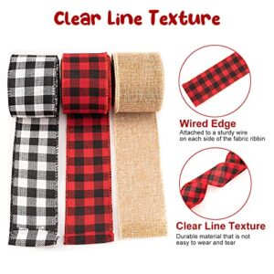 3 Rolls Christmas Wired Ribbons Black Red Plaid Ribbon, Black White Buffalo Plaid Ribbon and Burlap Ribbon for DIY Gift Wrapping, Holiday Decorations(2 Inch, with LED)