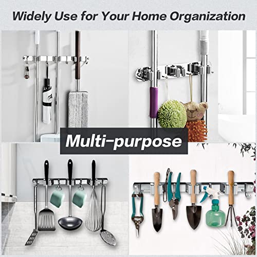 Zikopomi Broom Holder Wall Mount, Stainless Steel Heavy Duty 16 Inch Mop and Broom Holder Self-adhesive Multi Purpose Tool Organizer for Kitchen Pantry Laundry Room Garden Tools Garage Organization