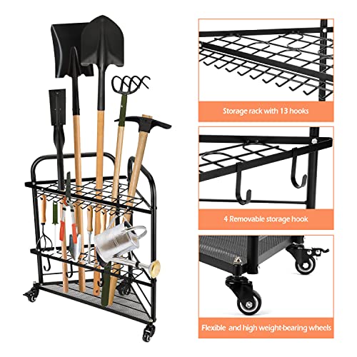 tonchean Garden Tool Organizer With Wheels Iron Corner Tool Storage Rack Rolling Corner Tool Storage Rack Easy To Install For Shed, Garage, Garden, Black