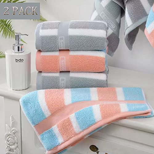 PUPOPIK 100% Cotton Bath Hand Towels, Fashion Striped Face Towel, Highly Absorbent Soft Luxury Towel for Bathroom,Set of 2, 14 x 30 Inch (Blue-Pink Stripe)