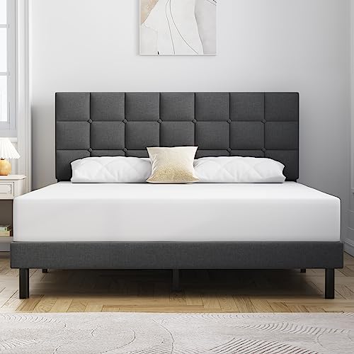 Molblly Twin Bed Frame Upholstered Platform with Headboard and Strong Wooden Slats, Non-Slip and Noise-Free,No Box Spring Needed, Easy Assembly,Dark Gray