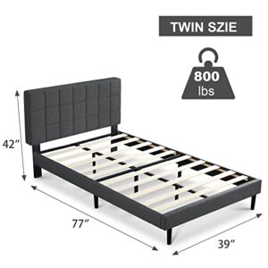 Molblly Twin Bed Frame Upholstered Platform with Headboard and Strong Wooden Slats, Non-Slip and Noise-Free,No Box Spring Needed, Easy Assembly,Dark Gray