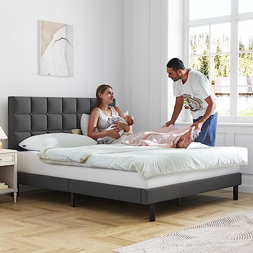 Molblly Twin Bed Frame Upholstered Platform with Headboard and Strong Wooden Slats, Non-Slip and Noise-Free,No Box Spring Needed, Easy Assembly,Dark Gray