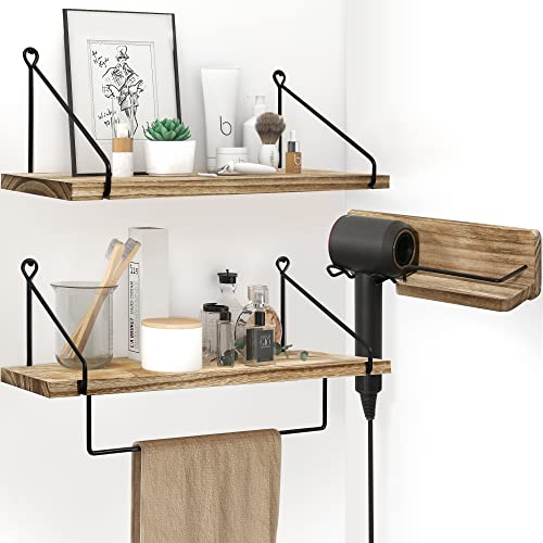 SUGMAR Floating Shelves Wall Mounted with Hair Dryer Holder, Decorative Storage Shelves with Towel Bar, Rustic Wood Storage Shelf for Bathroom, Kitchen, Bedroom, Office, Set of 3