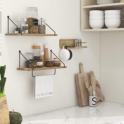 SUGMAR Floating Shelves Wall Mounted with Hair Dryer Holder, Decorative Storage Shelves with Towel Bar, Rustic Wood Storage Shelf for Bathroom, Kitchen, Bedroom, Office, Set of 3