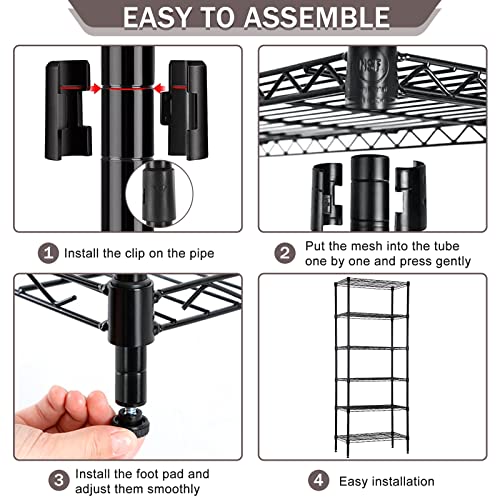 6 Tier Metal Storage Shelves 23" L x 13" W x 60" H Adjustable Wire Shelving Unit 900LBS Metal Shelves Garage Storage Pantry Shelves Storage Rack Wire Rack Shelf Steel Shelves for Storage, Black